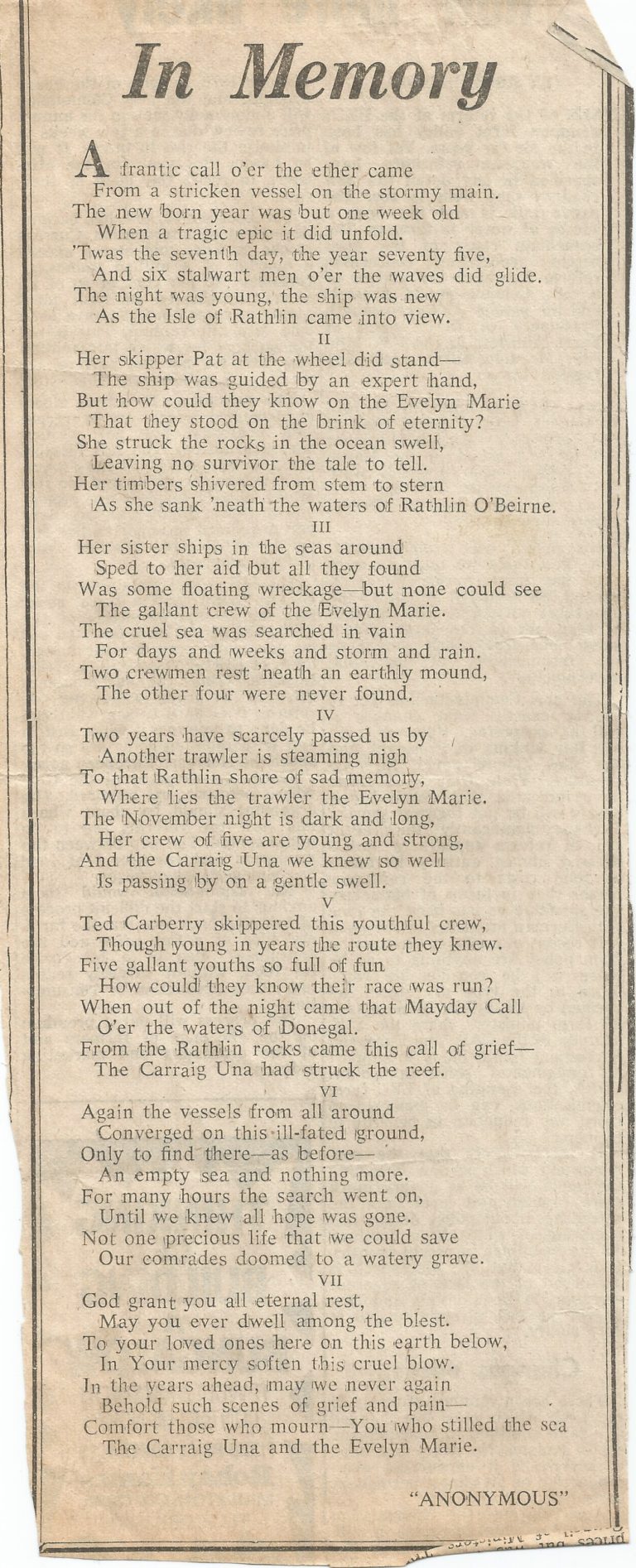 in-memory-poem | MFV Carraig Úna - In Memory